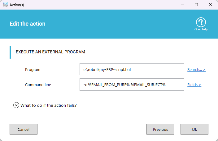 Execute external program or script with email data Execute external program or script with email data